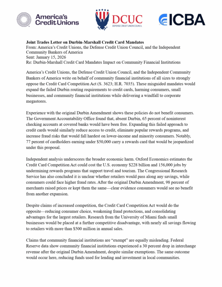 Credit Unions, Community Banks Urge Congress To Reject Durbin-Marshall ...